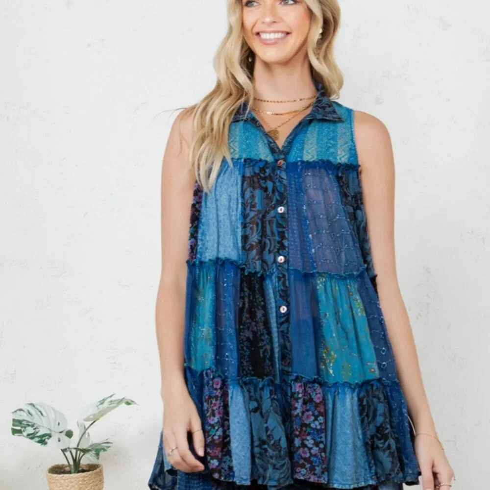 Young Threads | Tops | Boho Chic Nomad Patchwork Buttondown Indigo ...